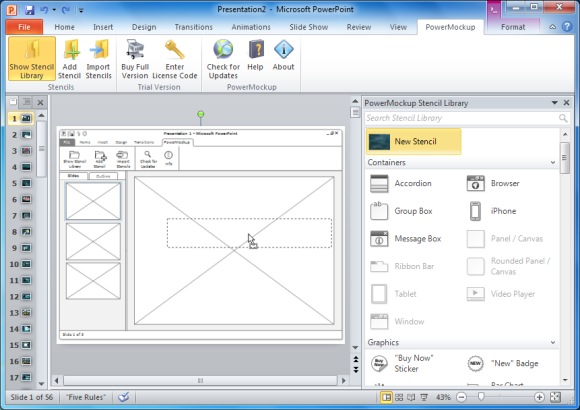 PowerMockup와 MS PowerPoint에서 웹 사이트의 스케치 와이어 프레임