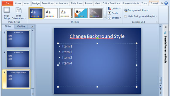 รูปแบบพื้นหลังตั้งไว้ล่วงหน้าใน PowerPoint 2010