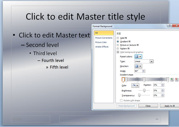 ตัวเลือกการไล่โทนสีใน PowerPoint 2010