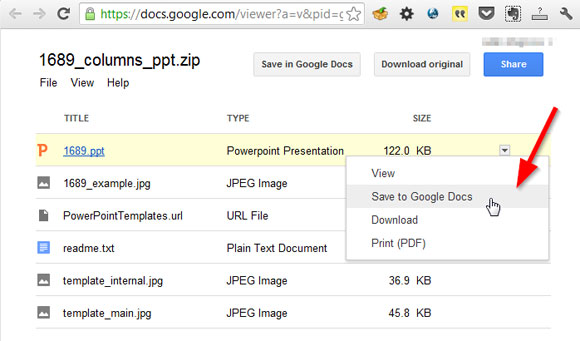 วิธีการเปิด PowerPoint แม่แบบใน .zip ใช้ Google Docs