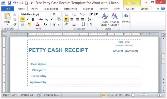 Livre modelo de recibo de Petty Cash For Word Com 3 Receipts Por Página