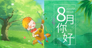 Fresh watercolor grass, trees, little boy background, August Hello ...