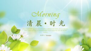 "Morning Time" PPT Template with Fresh Green Leaves and White Flowers ...